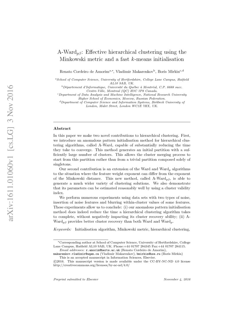 A-Ward_pe̱ṯa̱: Effective hierarchical clustering using the Minkowski metric and a fast k -means ...