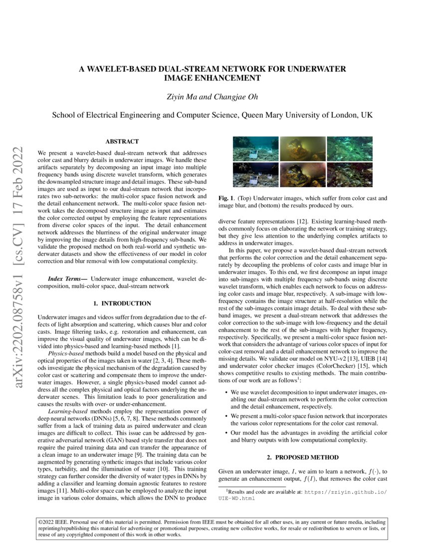 A Wavelet-based Dual-stream Network for Underwater Image Enhancement | DeepAI