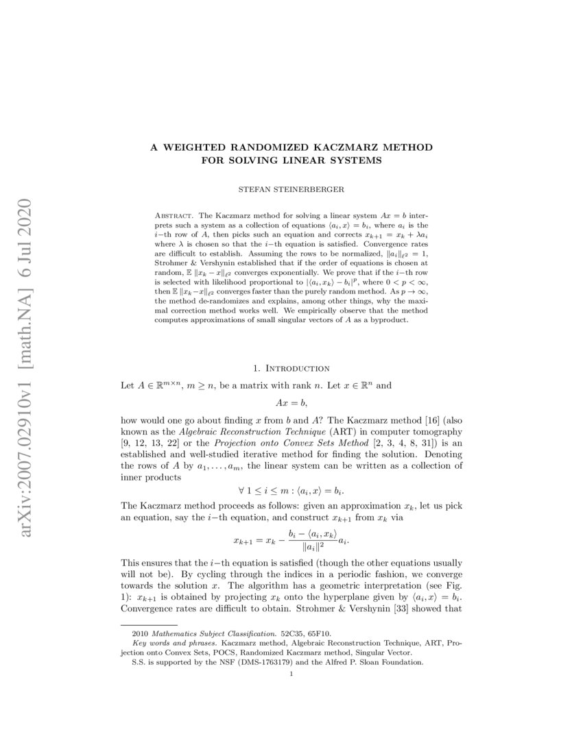 A Weighted Randomized Kaczmarz Method For Solving Linear Systems Deepai