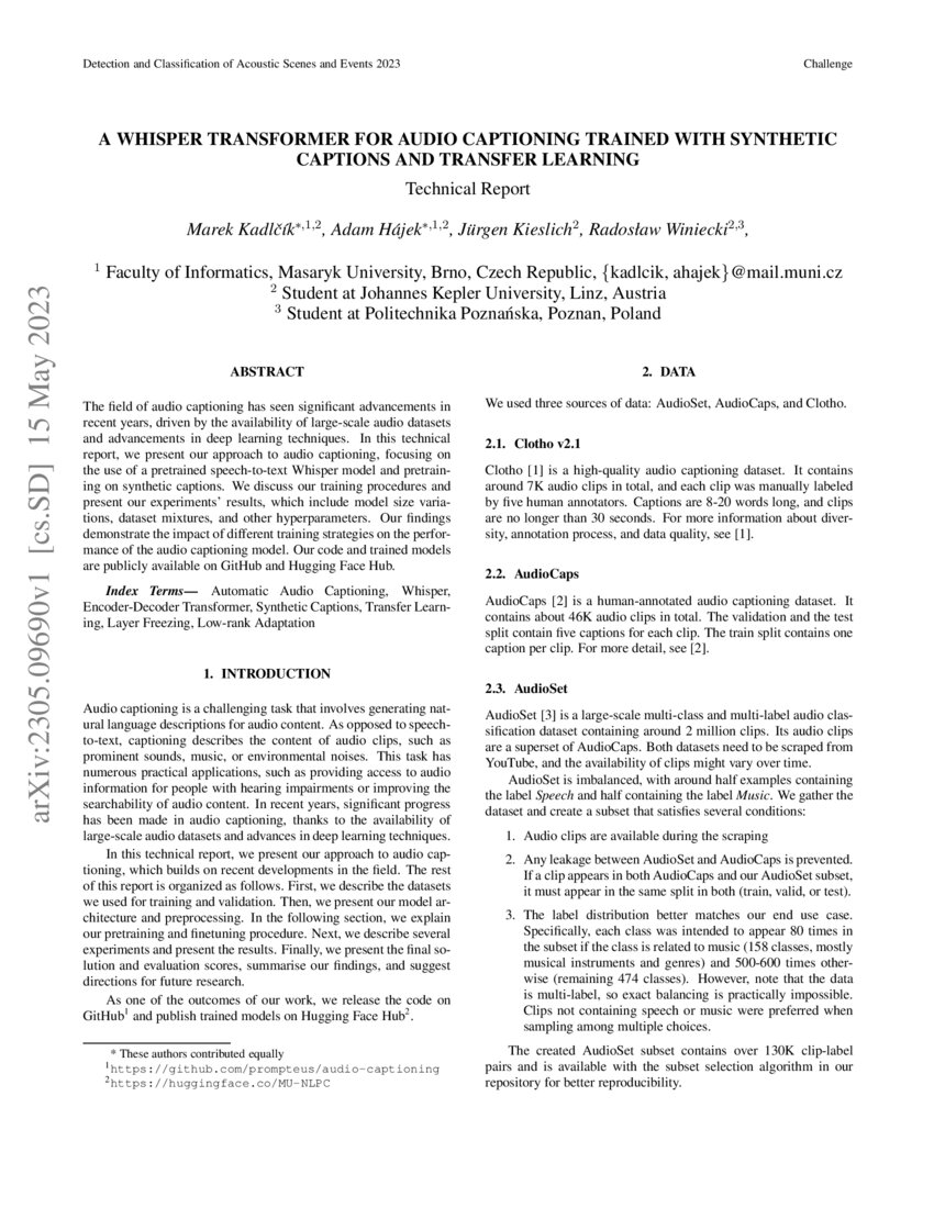 A Whisper transformer for audio captioning trained with synthetic captions and transfer learning ...