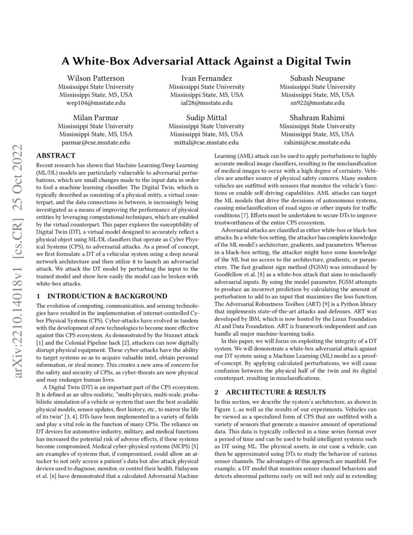 A White-Box Adversarial Attack Against a Digital Twin | DeepAI