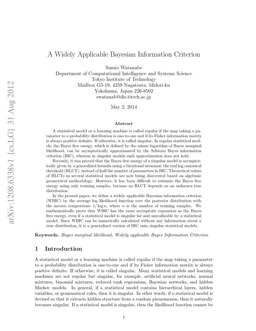 A Widely Applicable Bayesian Information Criterion | DeepAI