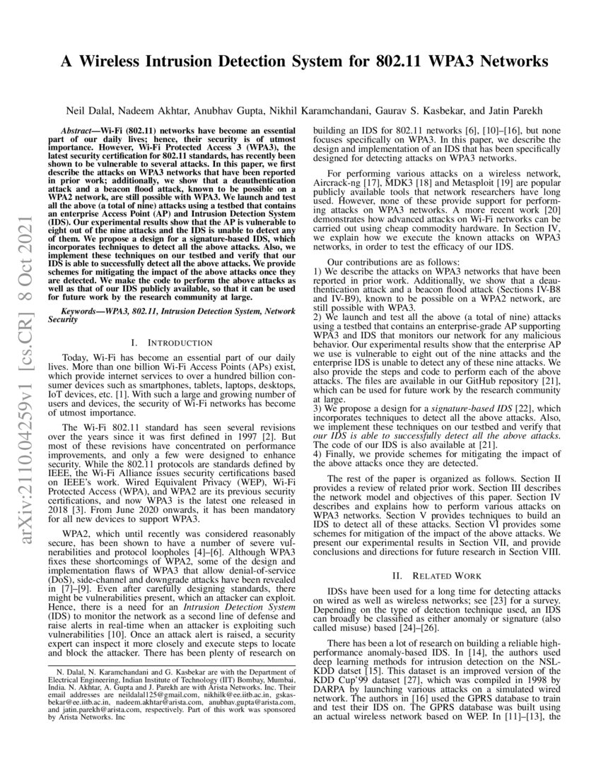 A Wireless Intrusion Detection System For 802 11 Wpa3 Networks Deepai