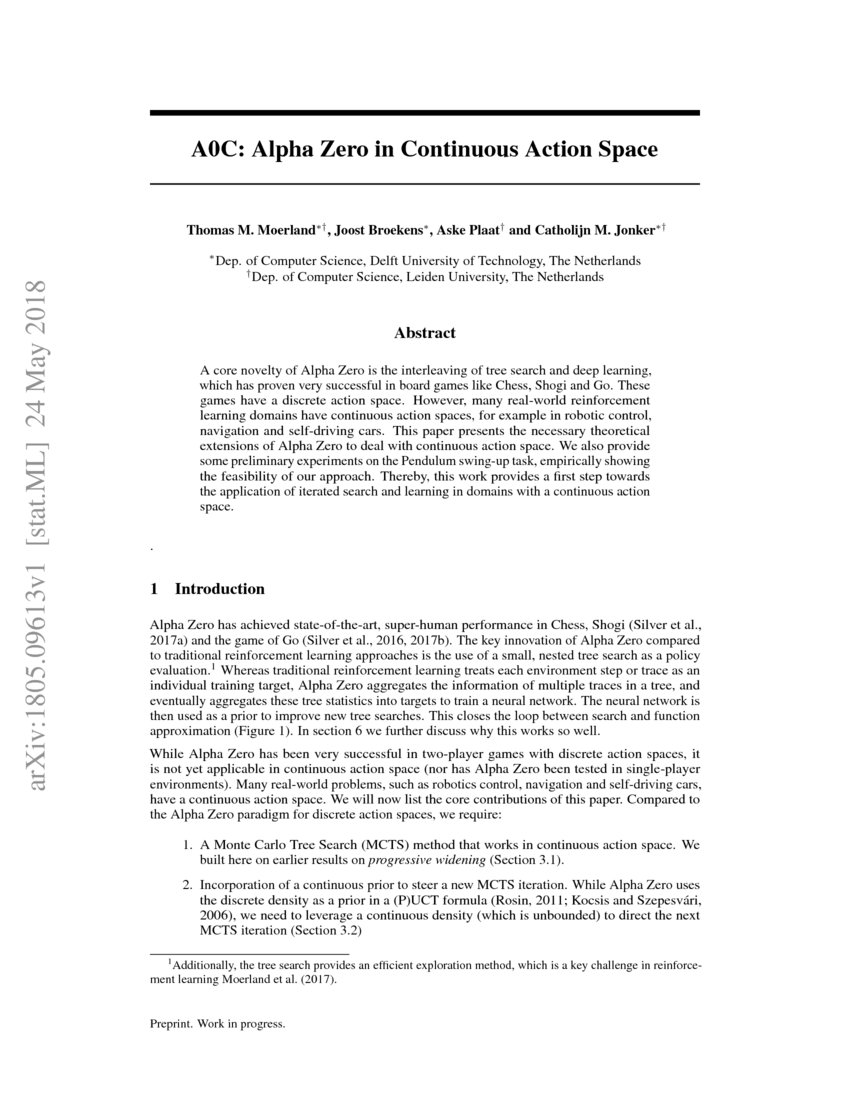 A0C: Alpha Zero in Continuous Action Space | DeepAI