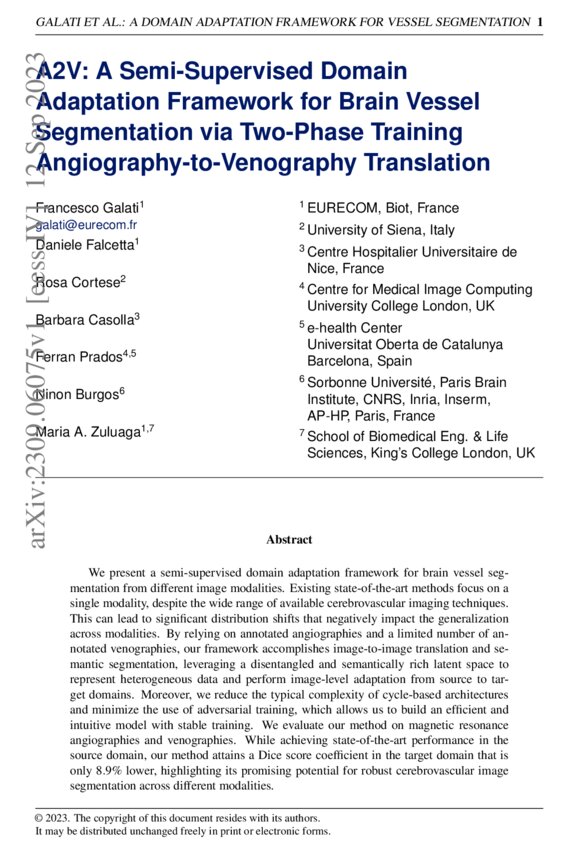 A2V: A Semi-Supervised Domain Adaptation Framework for Brain Vessel Segmentation via Two-Phase ...