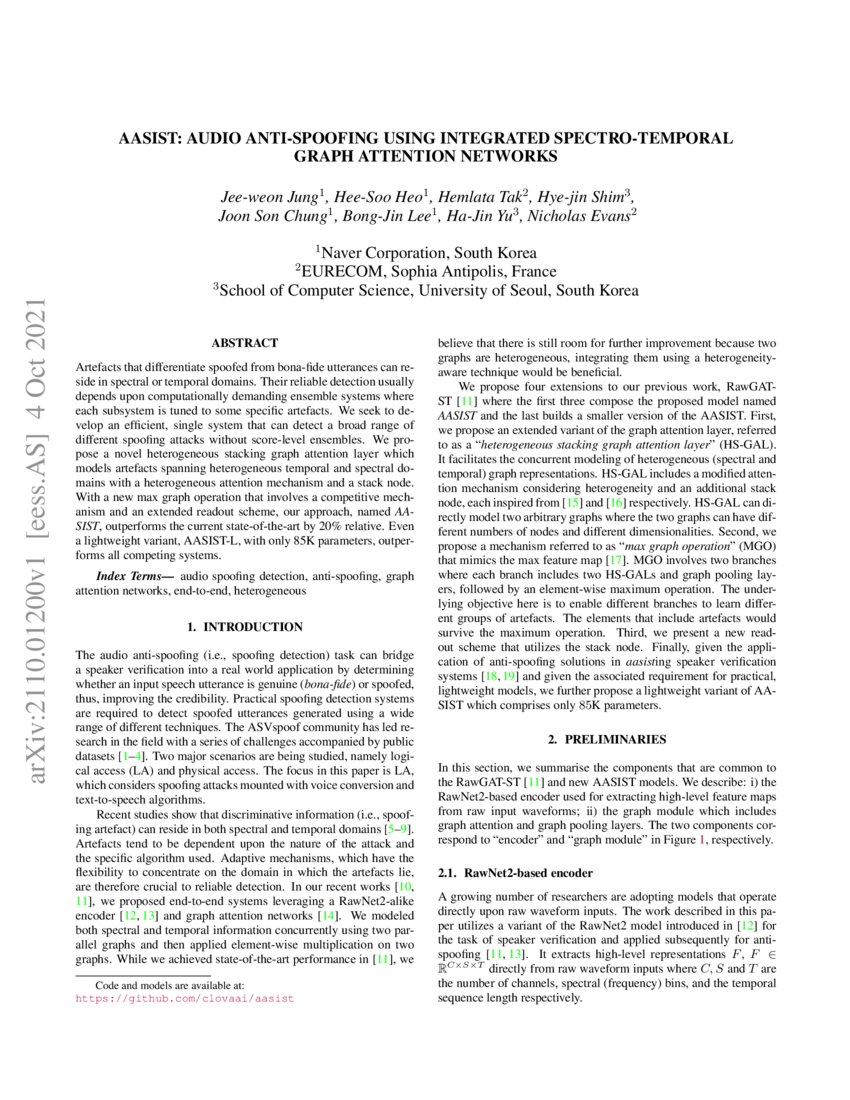 AASIST: Audio Anti-Spoofing using Integrated Spectro-Temporal Graph Attention Networks | DeepAI