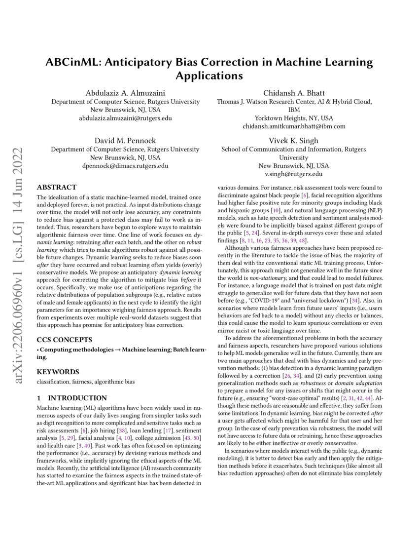 ABCinML: Anticipatory Bias Correction in Machine Learning Applications | DeepAI