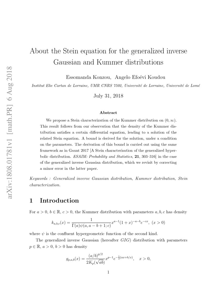 About the Stein equation for the generalized inverse Gaussian and Kummer distributions | DeepAI