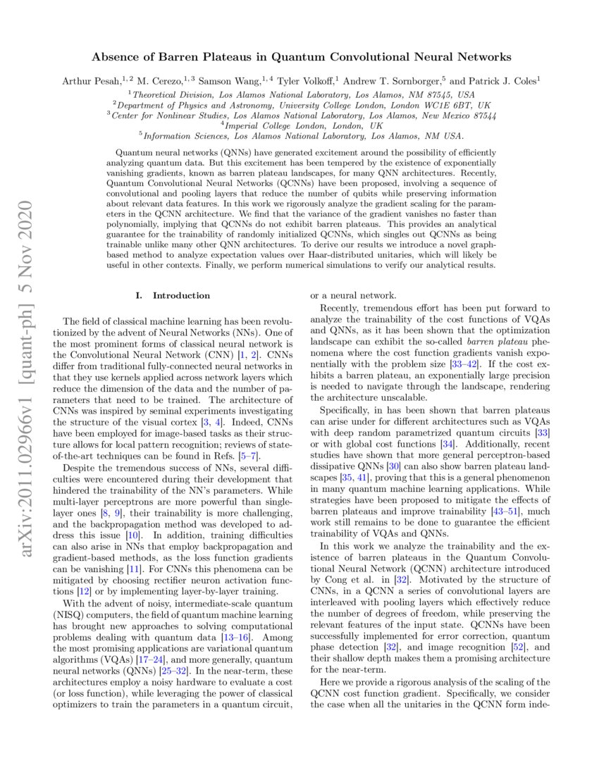 Absence of Barren Plateaus in Quantum Convolutional Neural Networks | DeepAI