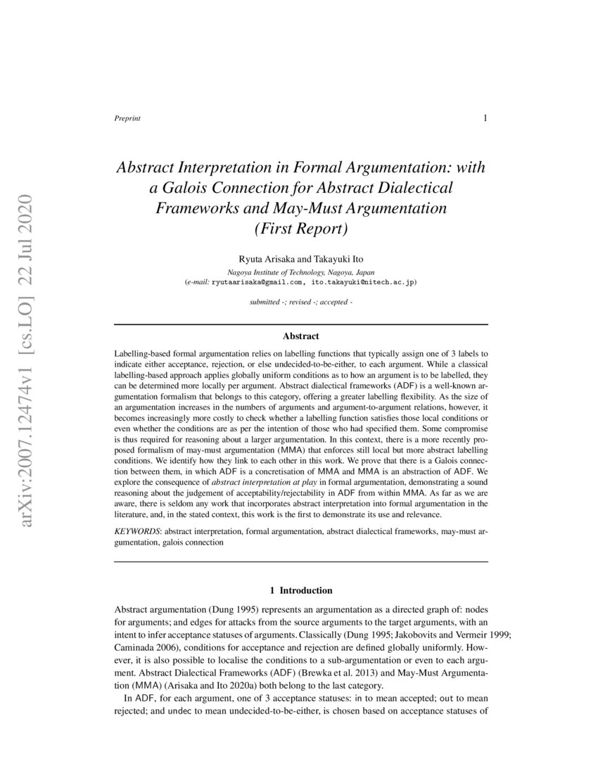 Abstract Interpretation In Formal Argumentation With A Galois Connection For Abstract