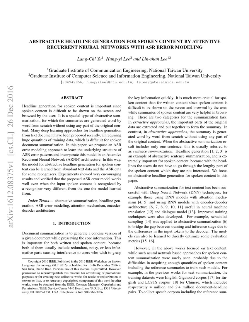 Abstractive Headline Generation for Spoken Content by Attentive Recurrent Neural Networks with ...