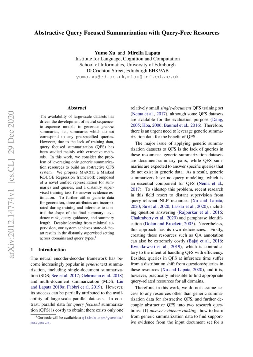Abstractive Query Focused Summarization With Query Free Resources Deepai 