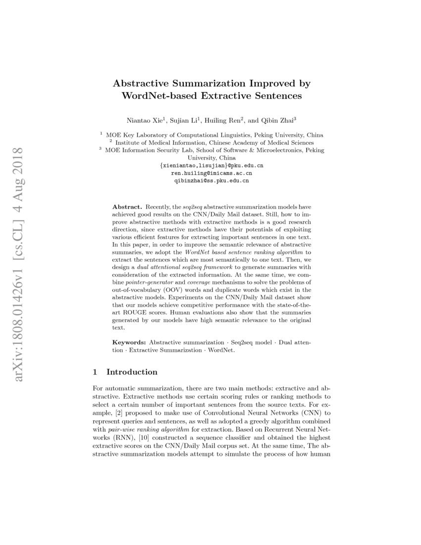 Abstractive Summarization Improved By Wordnet Based Extractive