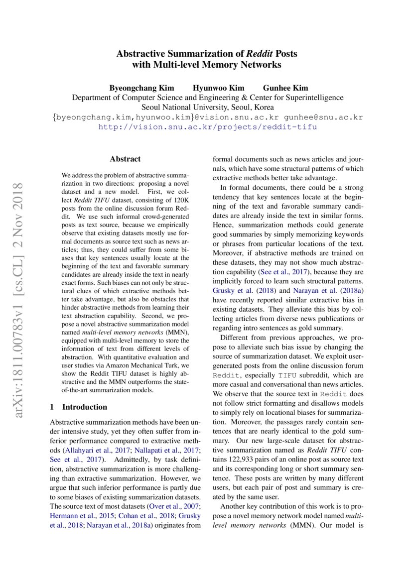Abstractive Summarization Of Reddit Posts With Multi Level Memory Networks Deepai
