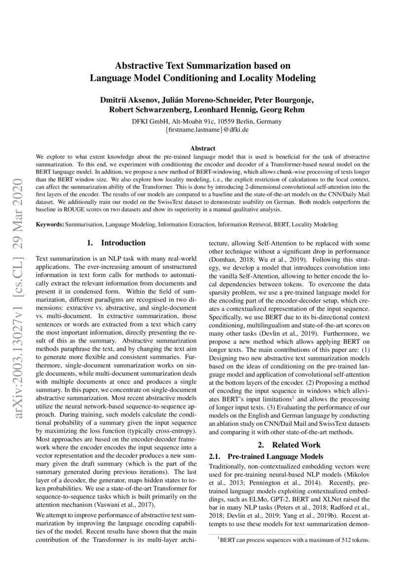 Abstractive Text Summarization Based On Language Model Conditioning And Locality Modeling Deepai