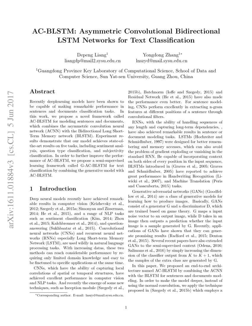 Ac Blstm Asymmetric Convolutional Bidirectional Lstm Networks For Text Classification Deepai