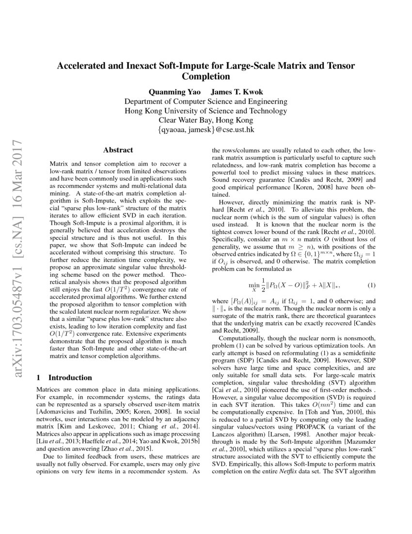 Accelerated and Inexact Soft-Impute for Large-Scale Matrix and Tensor Completion | DeepAI