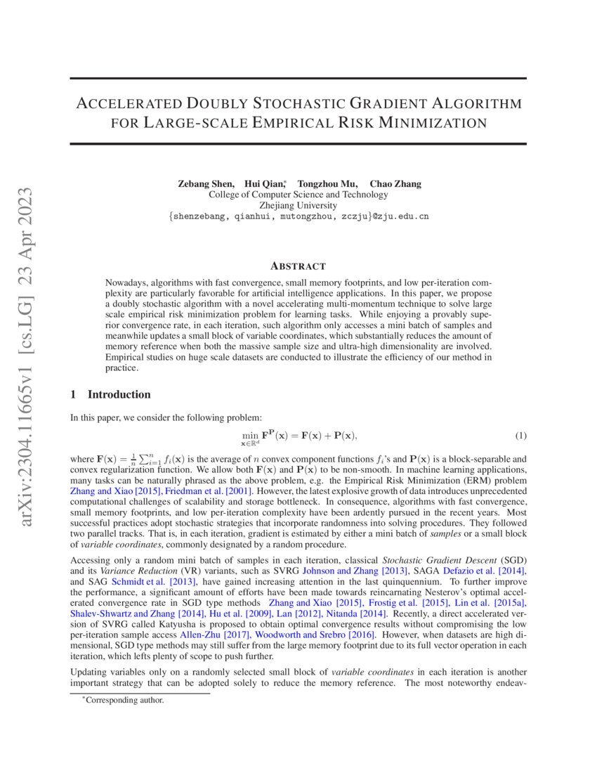 Accelerated Doubly Stochastic Gradient Algorithm For Large Scale Empirical Risk Minimization