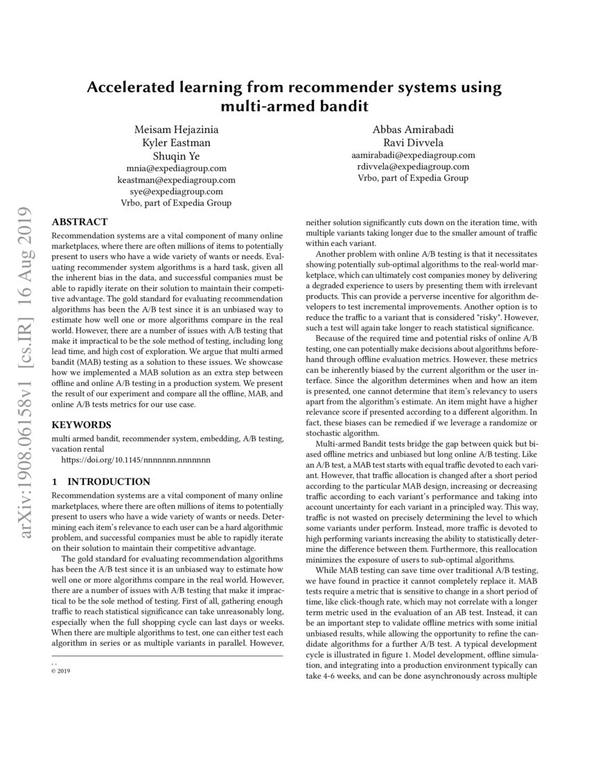 Accelerated learning from recommender systems using multi-armed bandit ... Accelerated learning from recommender systems using multi-armed bandit ...