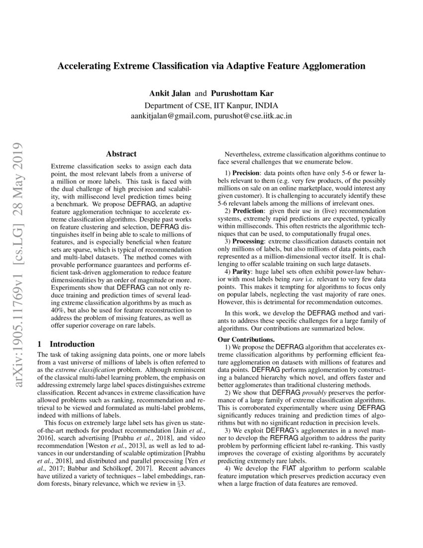 Accelerating Extreme Classification Via Adaptive Feature Agglomeration Deepai