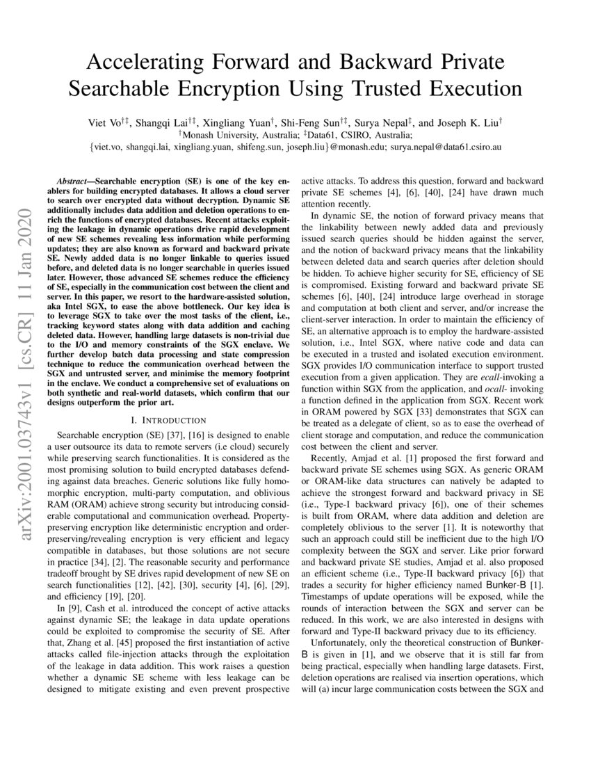 Accelerating Forward And Backward Private Searchable Encryption Using Trusted Execution Deepai