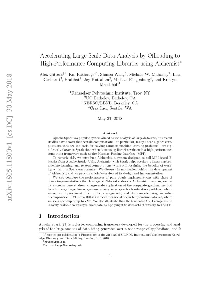 Accelerating Large Scale Data Analysis By Offloading To High Performance Computing Libraries 