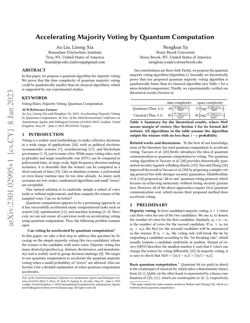 Accelerating Voting by Quantum Computation | DeepAI