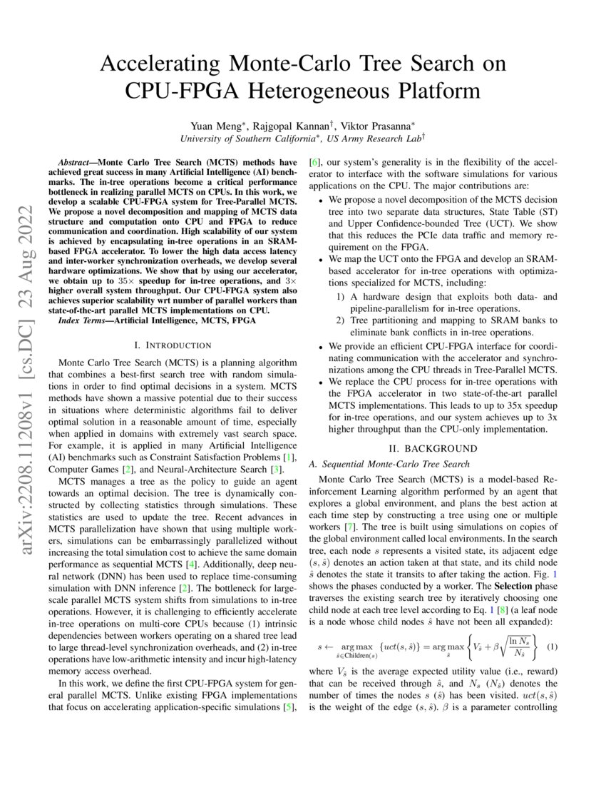 Accelerating Monte Carlo Tree Search On Cpu Fpga Heterogeneous Platform Deepai