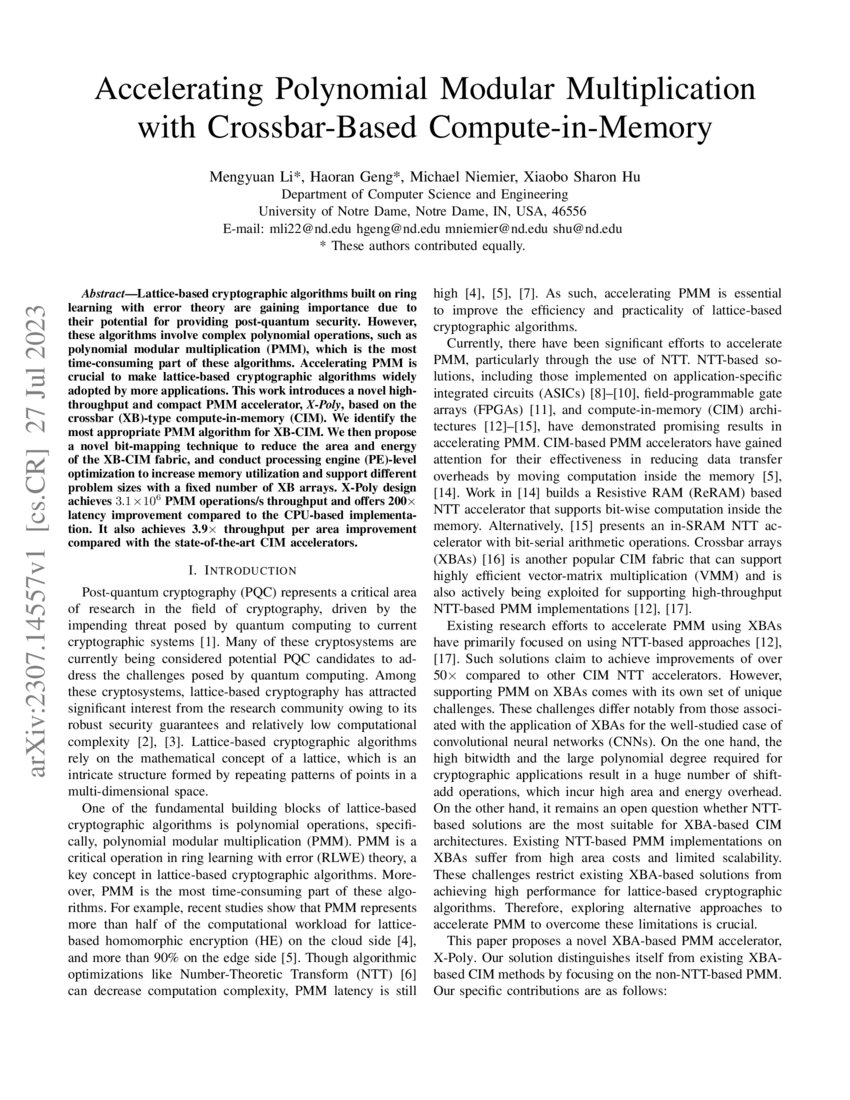 Accelerating Polynomial Modular Multiplication With Crossbar Based Compute In Memory Deepai