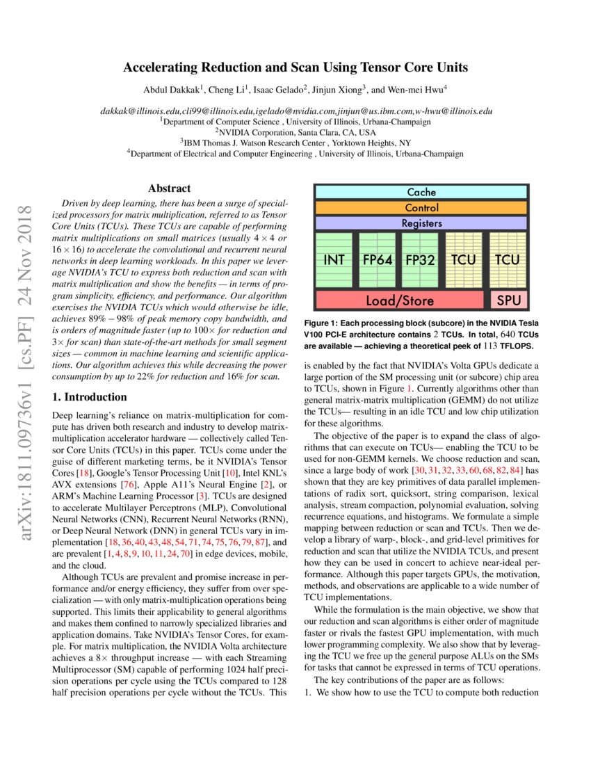 Accelerating Reduction and Scan Using Tensor Core Units | DeepAI