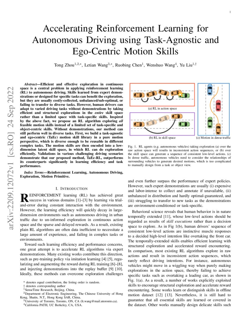 Accelerating Reinforcement Learning For Autonomous Driving Using Task