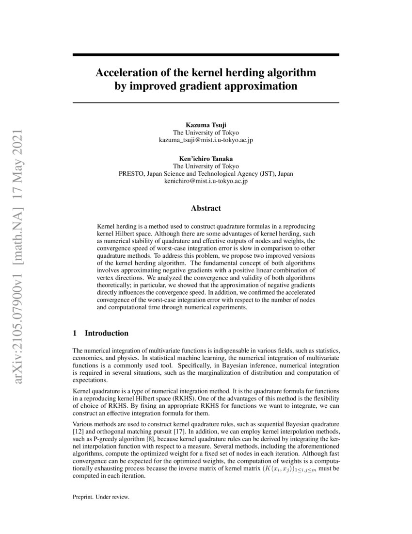 Acceleration of the kernel herding algorithm by improved gradient approximation | DeepAI