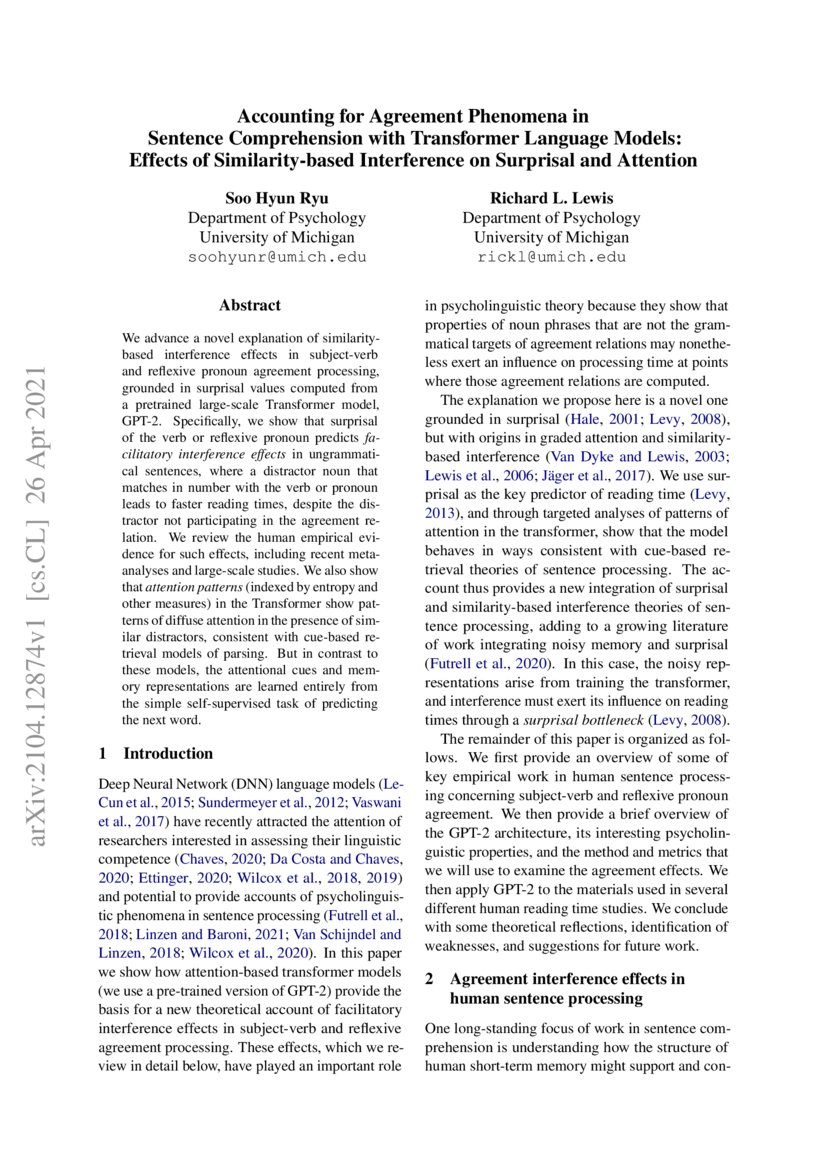Accounting For Agreement Phenomena In Sentence Comprehension With Transformer Language Models