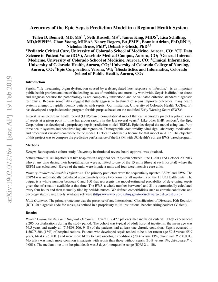 Accuracy of the Epic Sepsis Prediction Model in a Regional Health ...