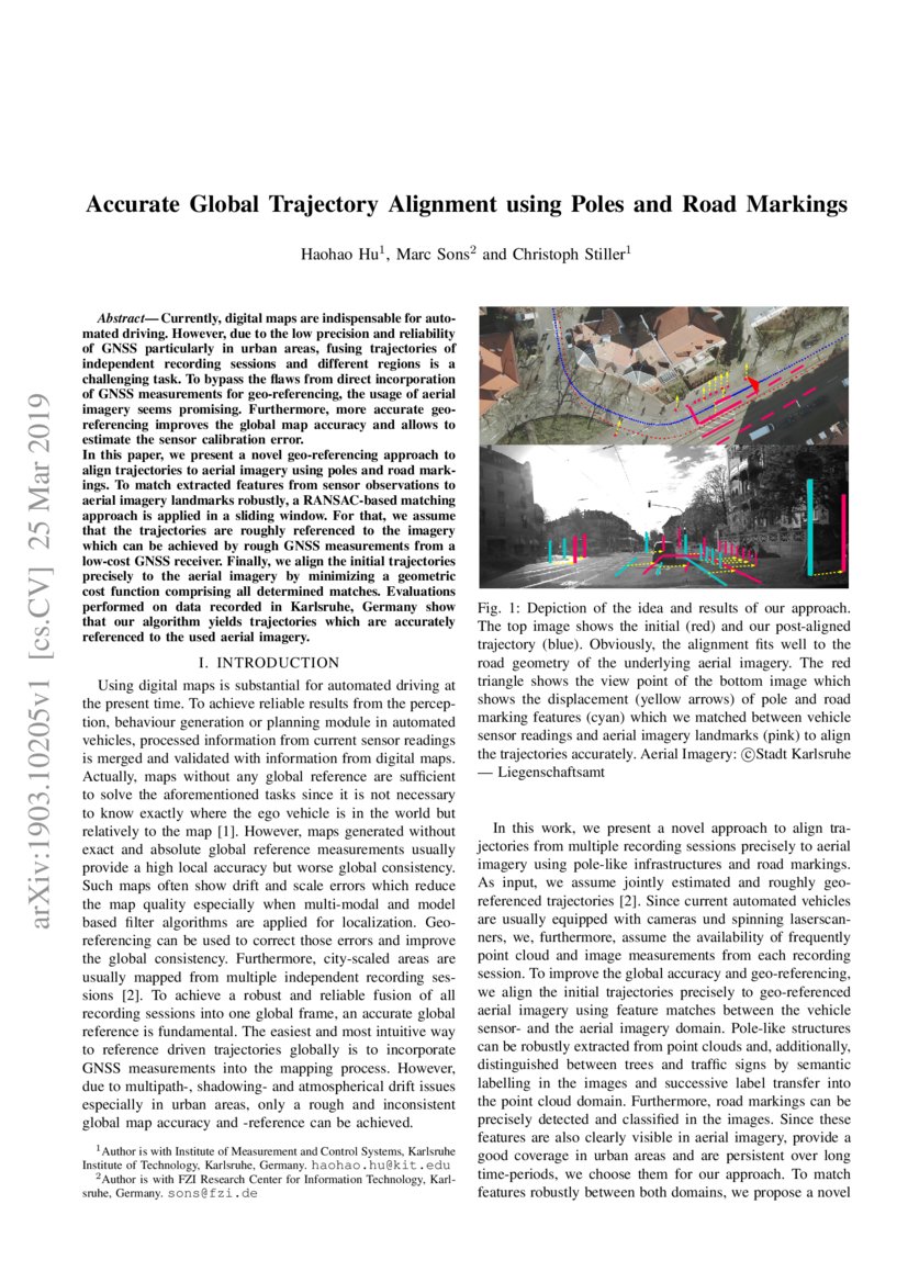 Accurate Global Trajectory Alignment using Poles and Road Markings | DeepAI