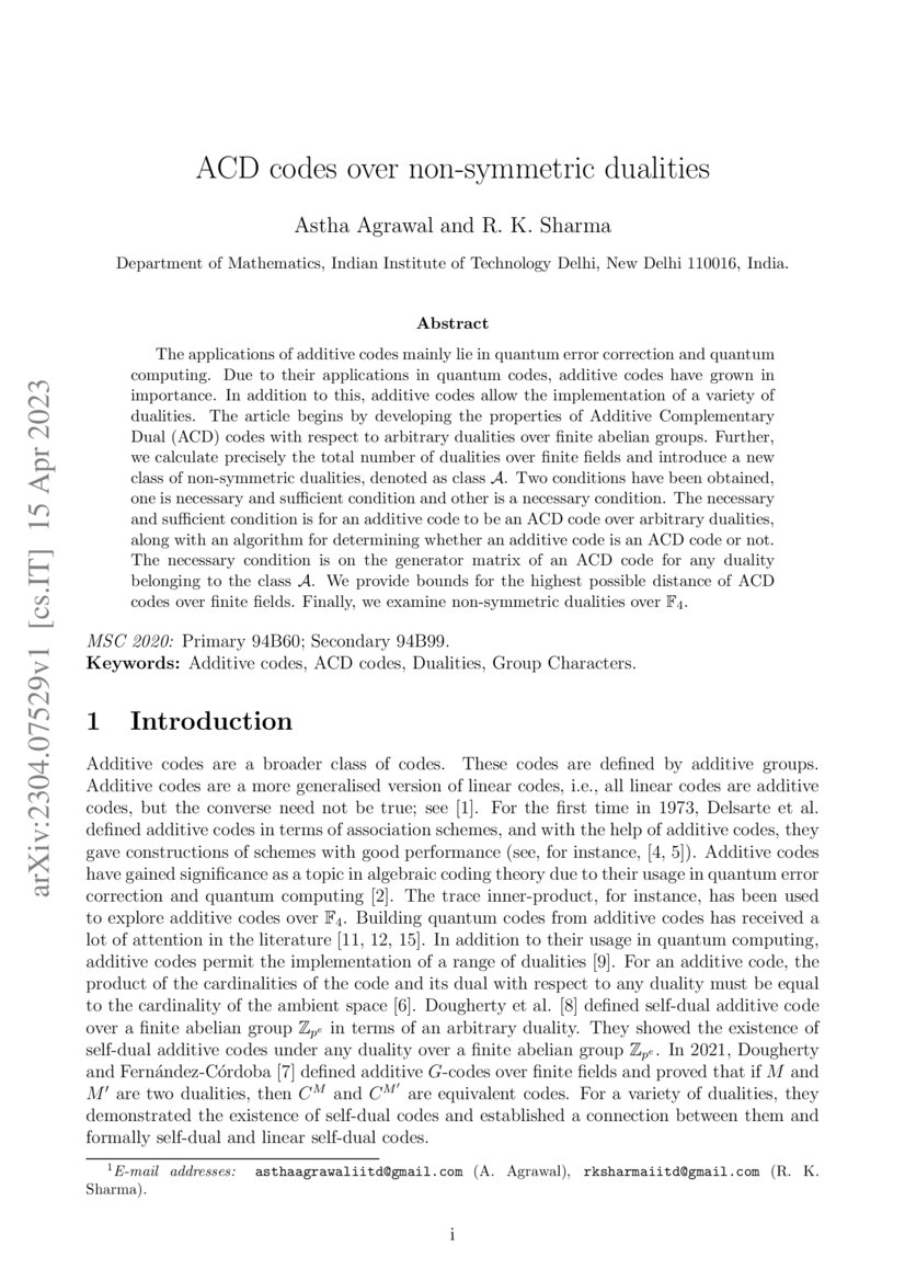ACD codes over non-symmetric dualities | DeepAI