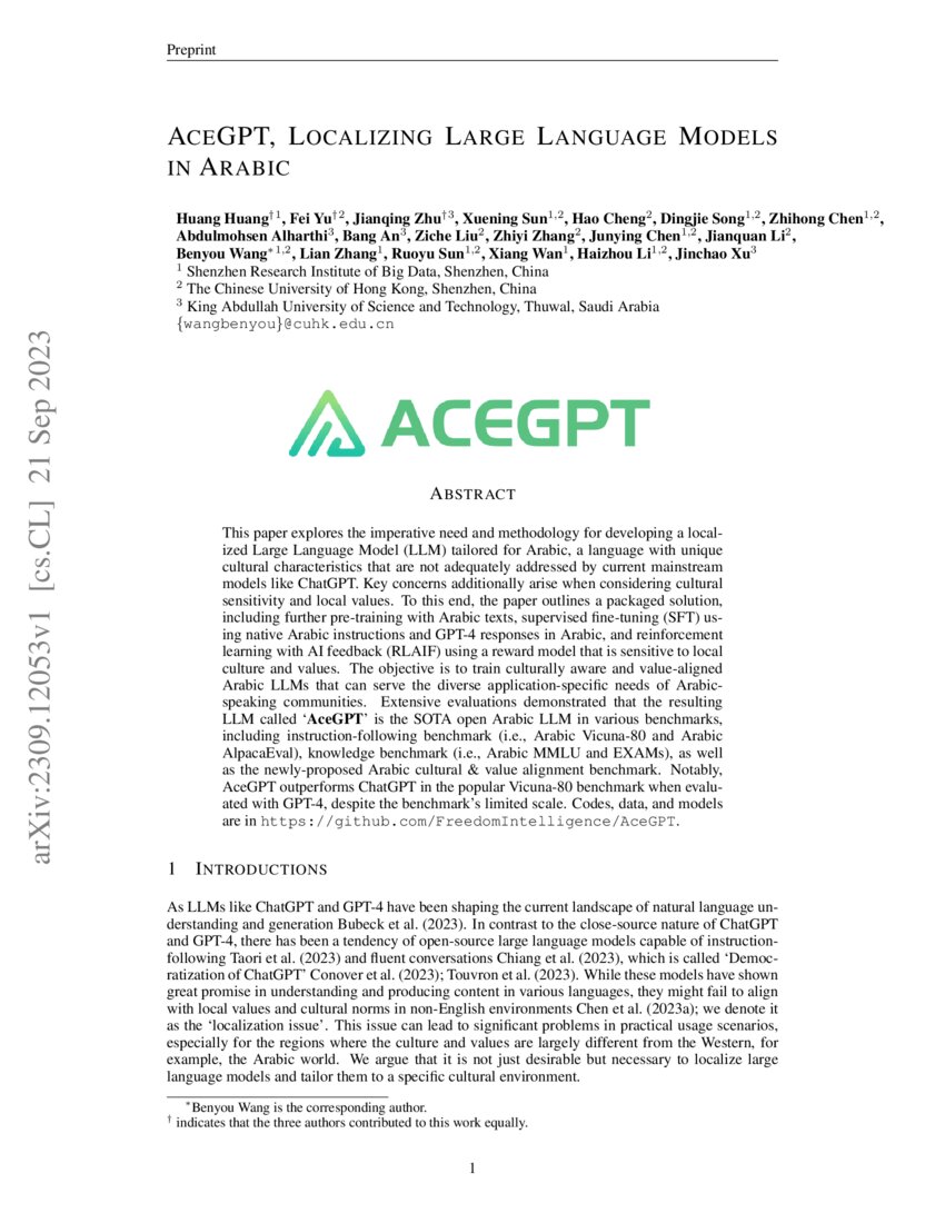 AceGPT, Localizing Large Language Models in Arabic | DeepAI