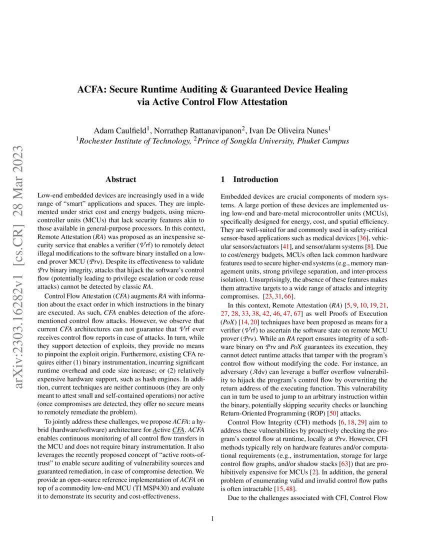 Acfa Secure Runtime Auditing Guaranteed Device Healing Via Active Control Flow Attestation Deepai