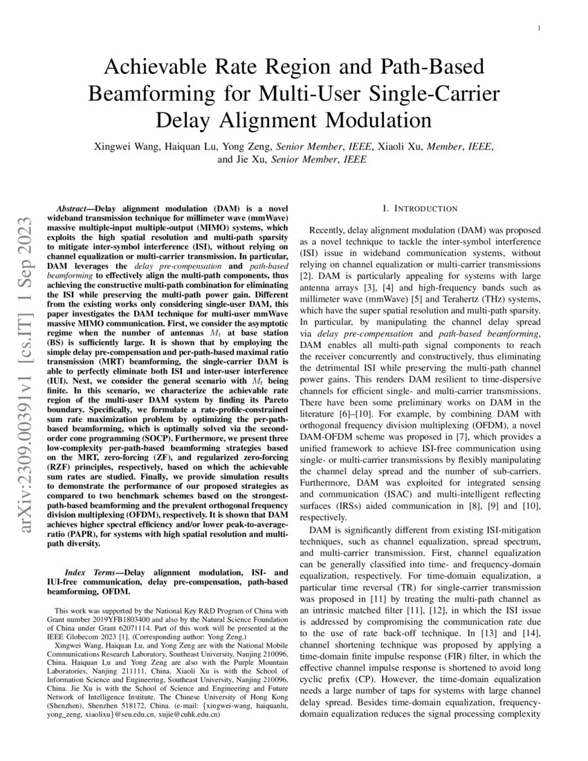 Achievable Rate Region and Path-Based Beamforming for Multi-User Single-Carrier Delay Alignment ...