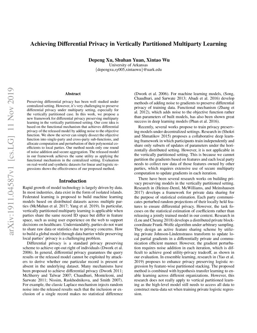 Achieving Differential Privacy In Vertically Partitioned Multiparty Learning Deepai