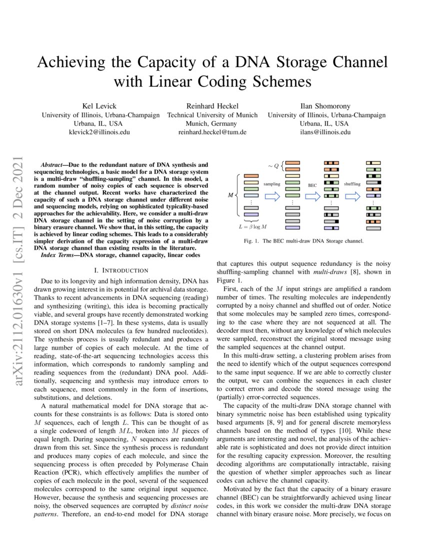 Achieving the Capacity of a DNA Storage Channel with Linear Coding Schemes | DeepAI
