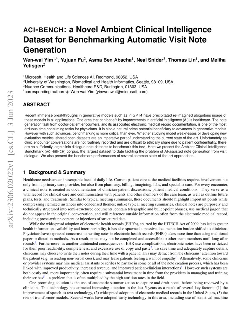 Aci Bench A Novel Ambient Clinical Intelligence Dataset For Benchmarking Automatic Visit Note