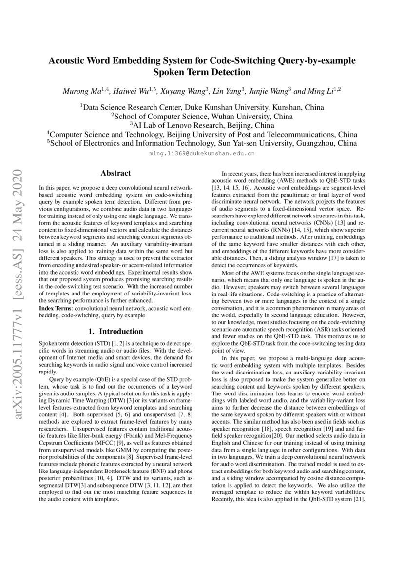 Acoustic Word Embedding System for Code-Switching Query-by-example Spoken Term Detection | DeepAI