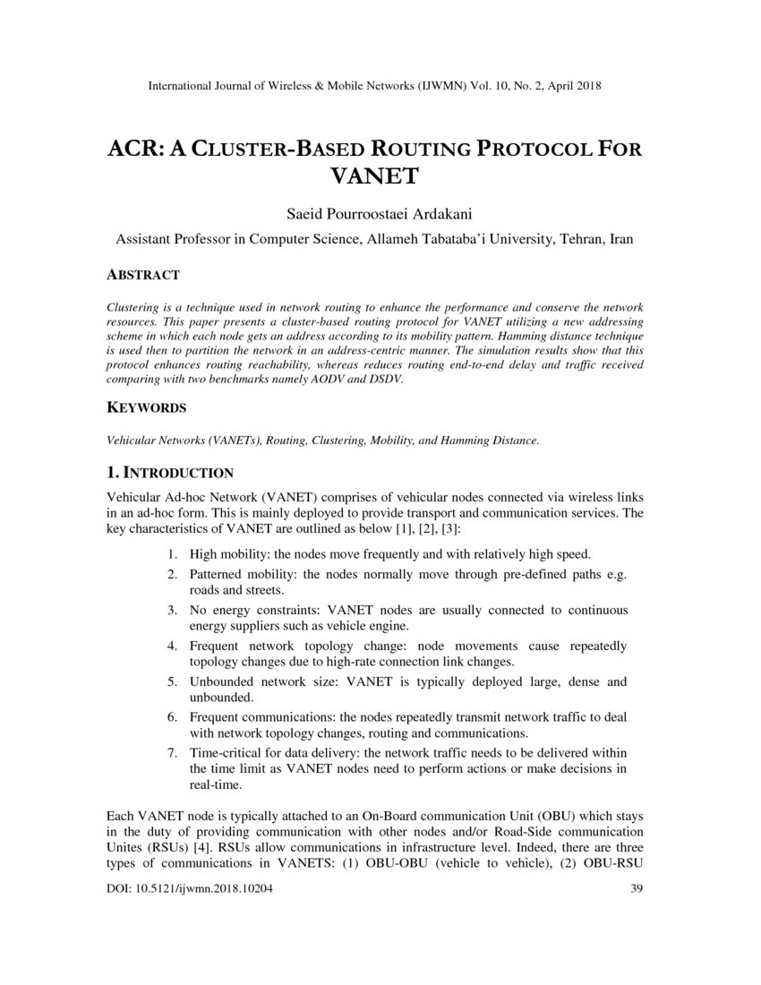 Acr A Cluster Based Routing Protocol For Vanet Deepai