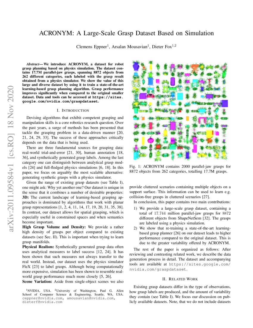 ACRONYM: A Large-Scale Grasp Dataset Based on Simulation | DeepAI