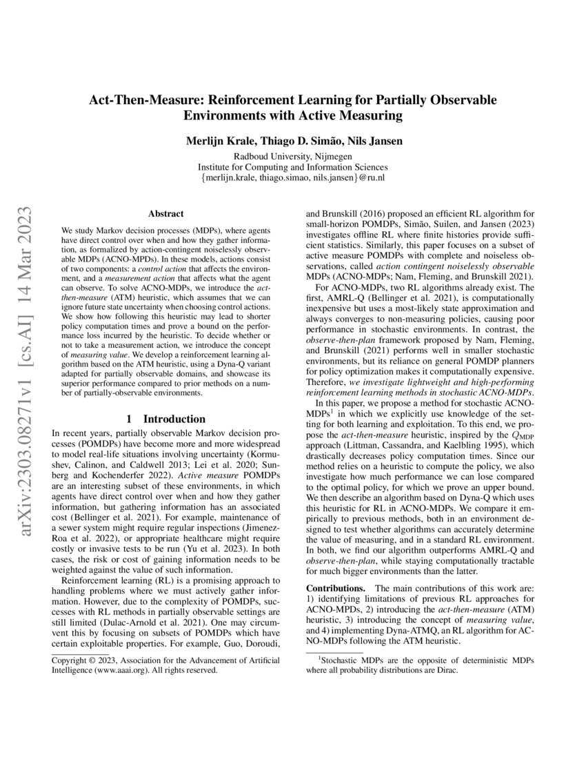 Act Then Measure Reinforcement Learning For Partially Observable Environments With Active