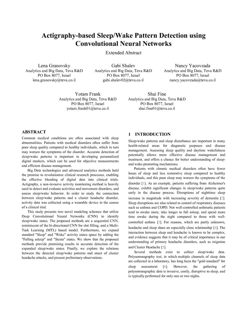 Actigraphy Based Sleep Wake Pattern Detection Using Convolutional Neural Networks Deepai