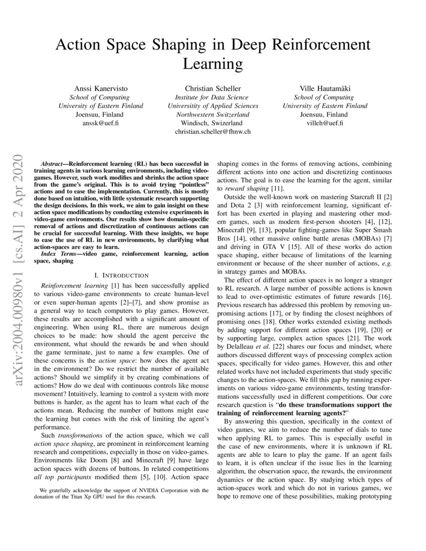 Action Space Shaping In Deep Reinforcement Learning Deepai