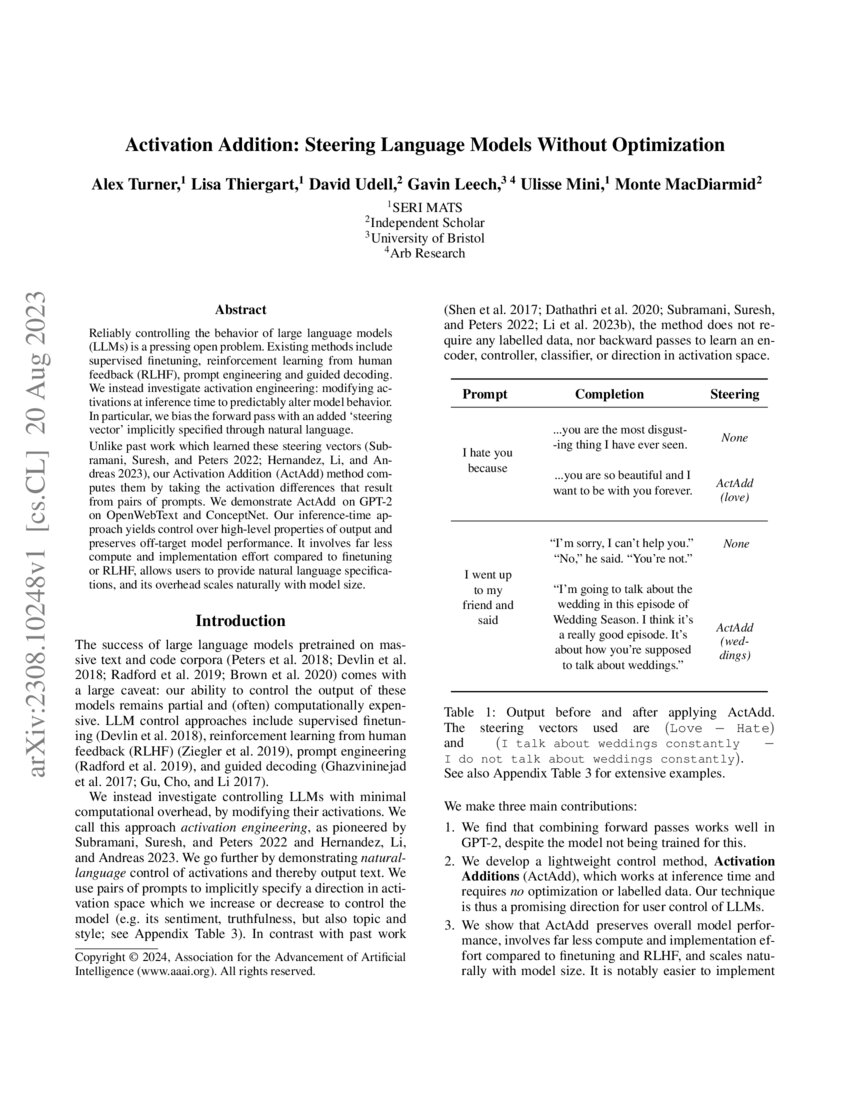 Activation Addition: Steering Language Models Without Optimization | DeepAI
