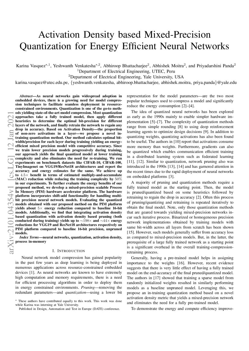 Activation Density Based Mixed Precision Quantization For Energy Efficient Neural Networks Deepai 